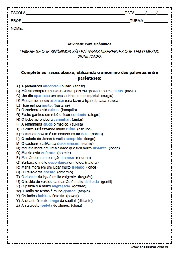 Exercícios de Sinônimos e Antônimos com Gabarito